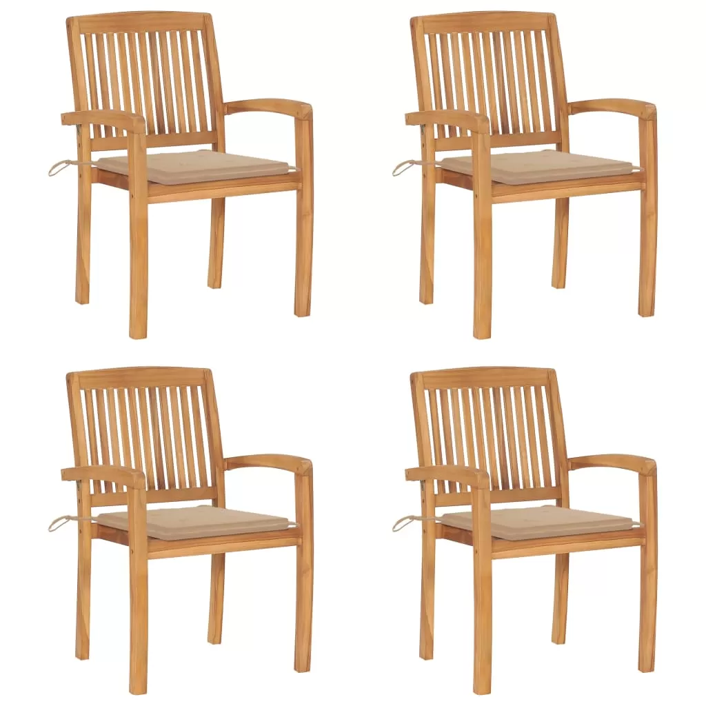 Set 4 bucati scaune de gradina stivuibile cu perne, bej
