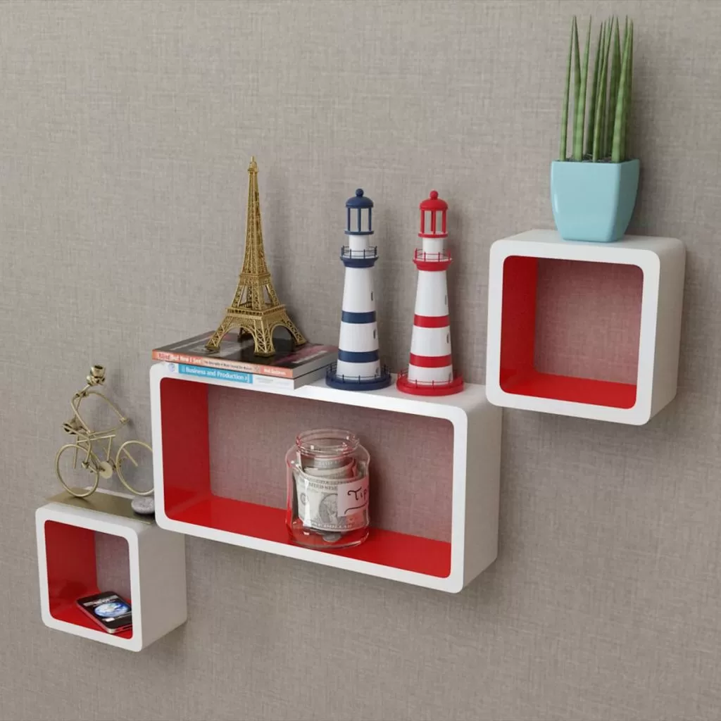 3 Rafturi de tip cub din MDF pentru carti/DVD-uri, rosu, 21.5 x 10 x 42 ...